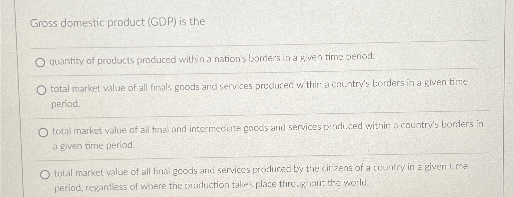 Solved Gross domestic product (GDP) ﻿is theq,quantity of | Chegg.com