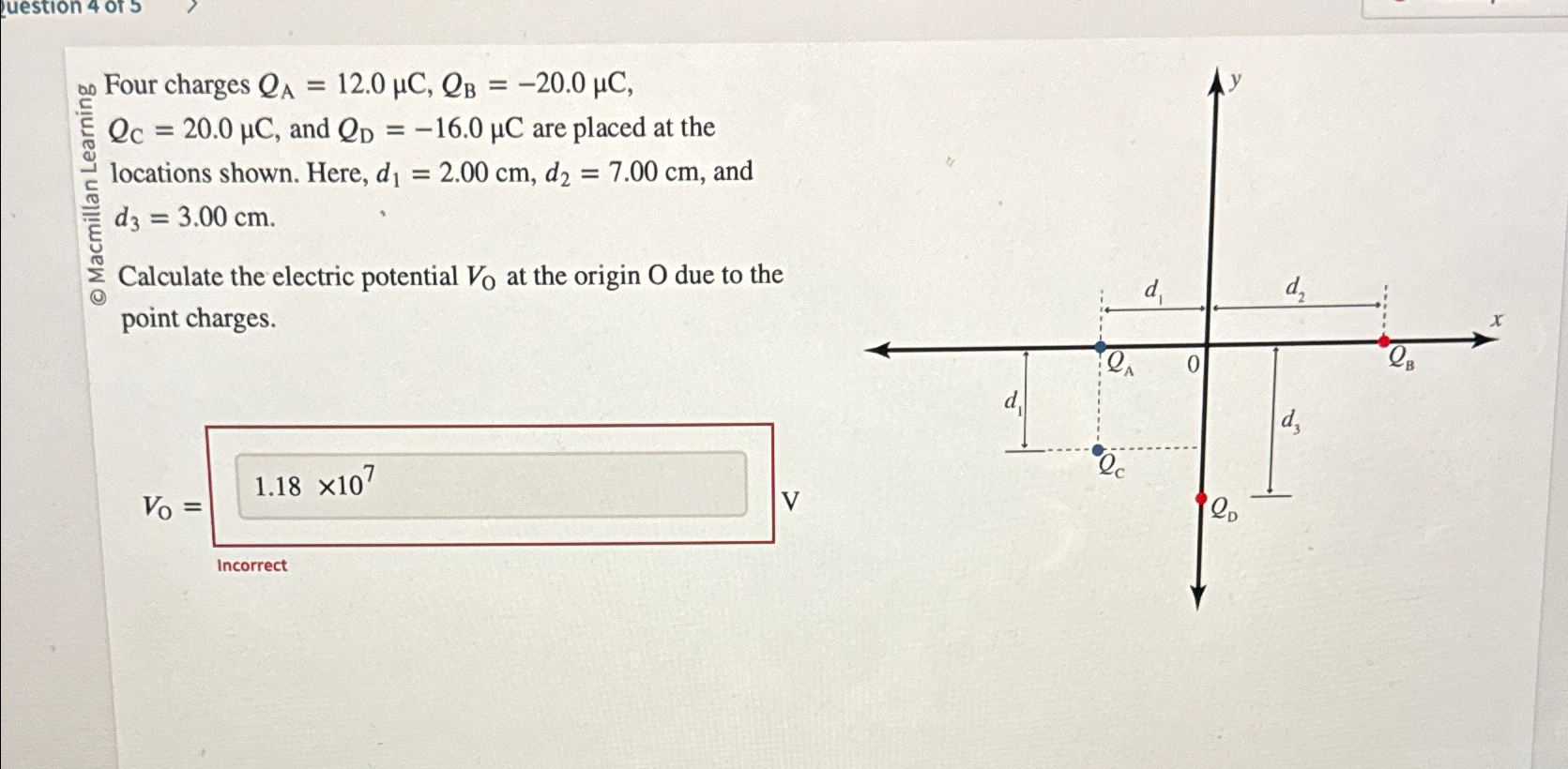 Four charges QA=12.0μC,QB=-20.0μC, QC=20.0μC, ﻿and | Chegg.com