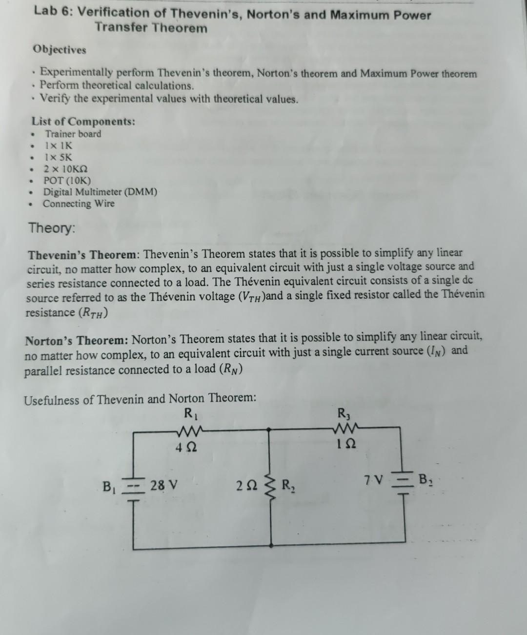 Solved Lab 6: Verification of Thevenin's, Norton's and | Chegg.com Solved Lab 6: Verification of Thevenin's, Norton's and | Chegg.com