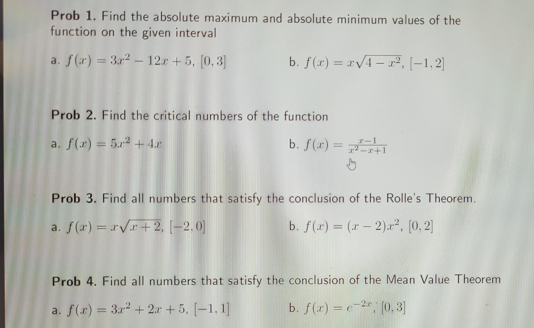 Solved Prob 1. Find the absolute maximum and absolute | Chegg.com