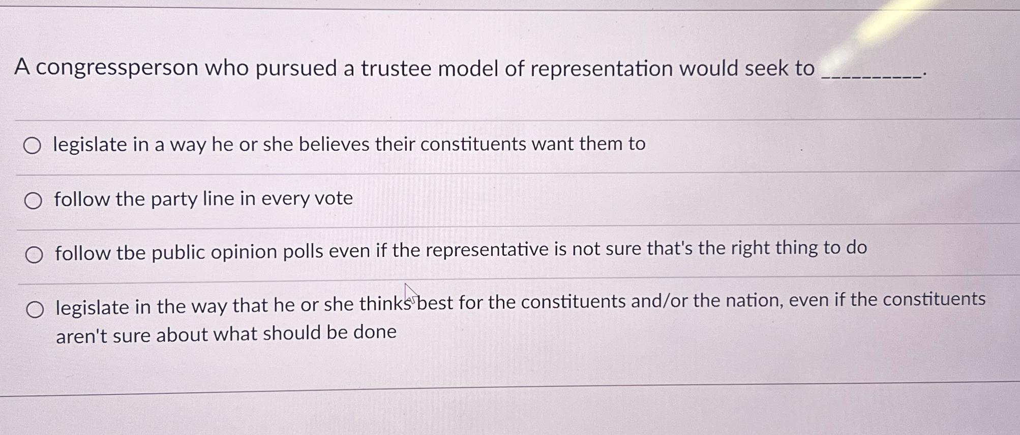 Solved A congressperson who pursued a trustee model of | Chegg.com