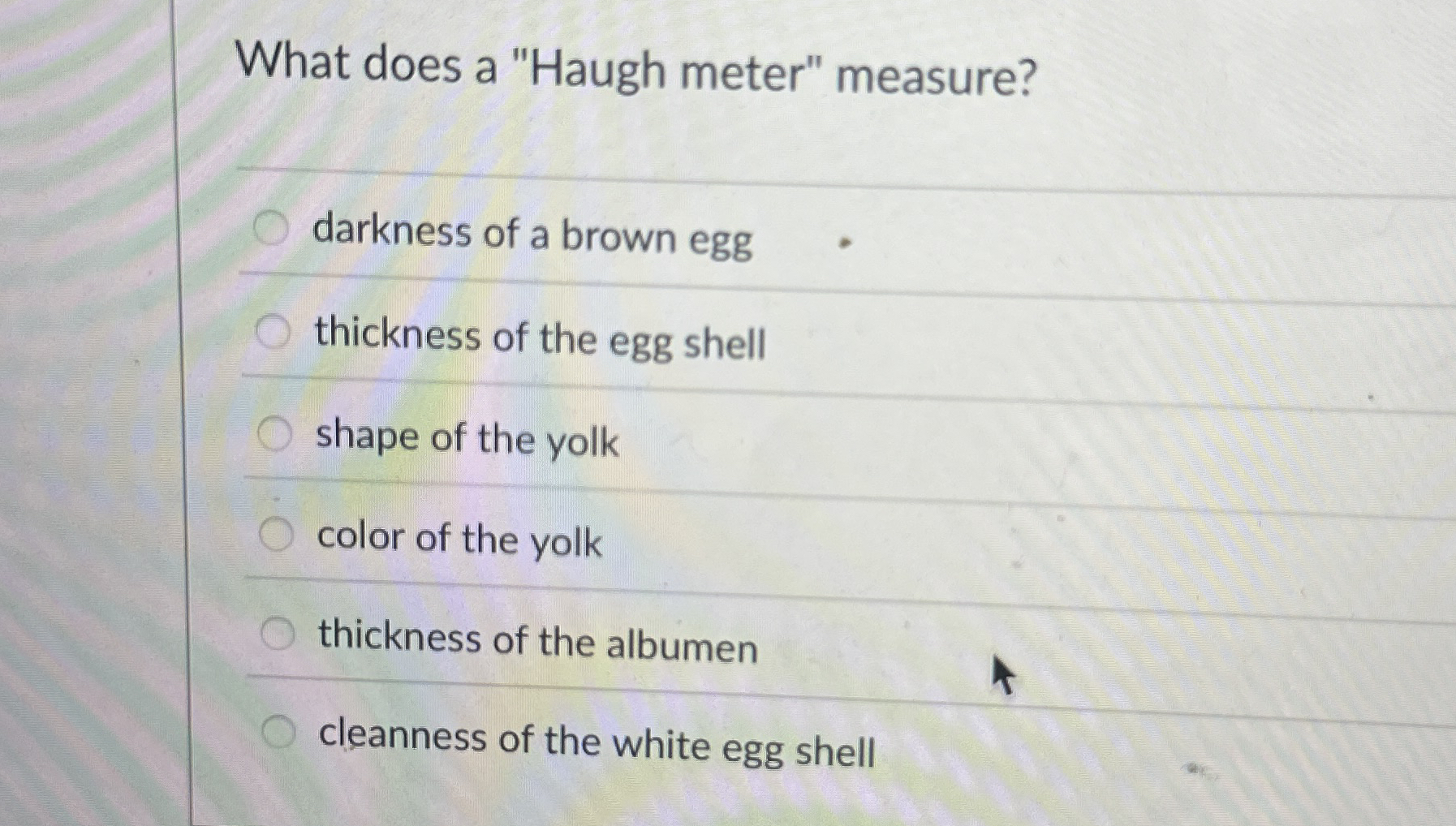 Solved What does a "Haugh meter" measure?darkness of a brown | Chegg.com