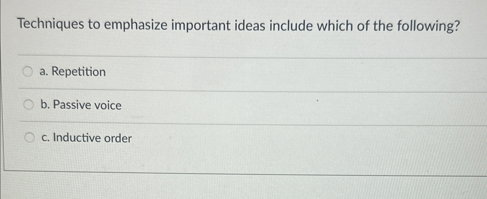 Solved Techniques to emphasize important ideas include which | Chegg.com