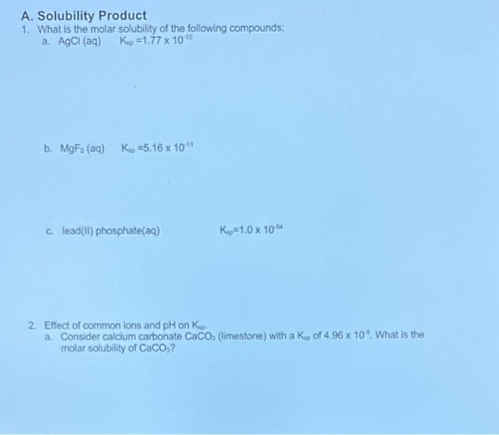 Solved A. Solubility Product 1. What is the molar solubility | Chegg.com