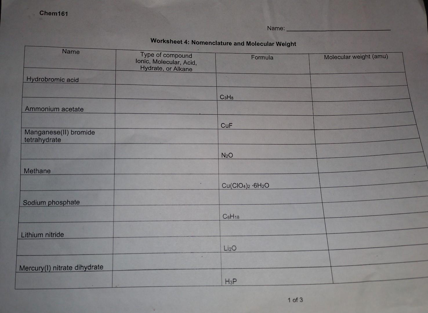 Solved Chem161 Name: Worksheet 4: Nomenclature and Molecular | Chegg.com