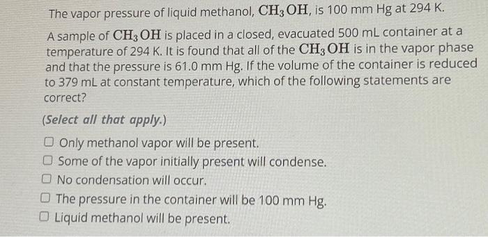 Solved The vapor pressure of liquid methanol, CH3OH, is 100 | Chegg.com