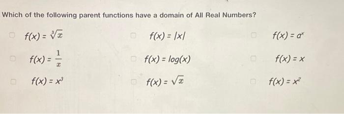 Solved Which of the following parent functions have a domain | Chegg.com