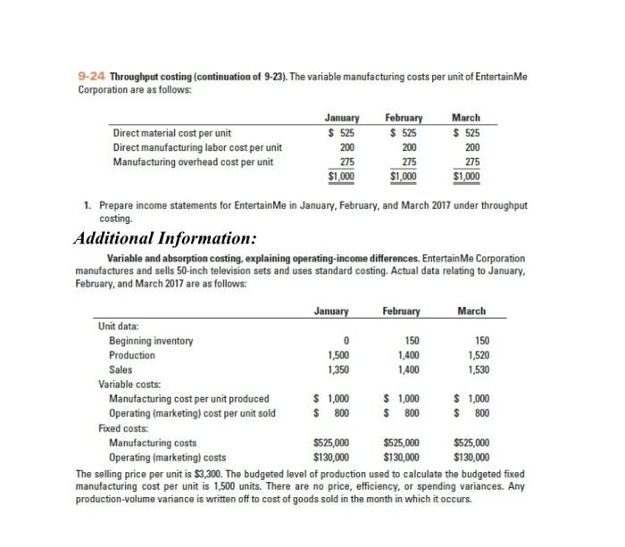 Solved 9-24 Throughput costing (continuation of 9-23). The | Chegg.com