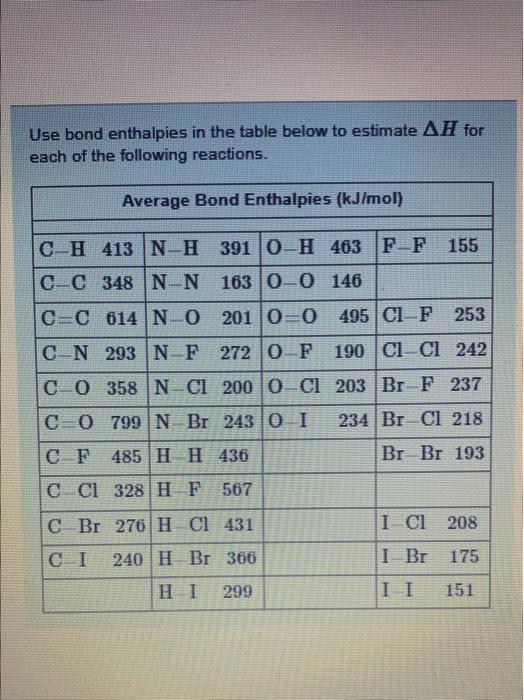 Solved Use bond enthalpies in the table below to estimate H | Chegg.com