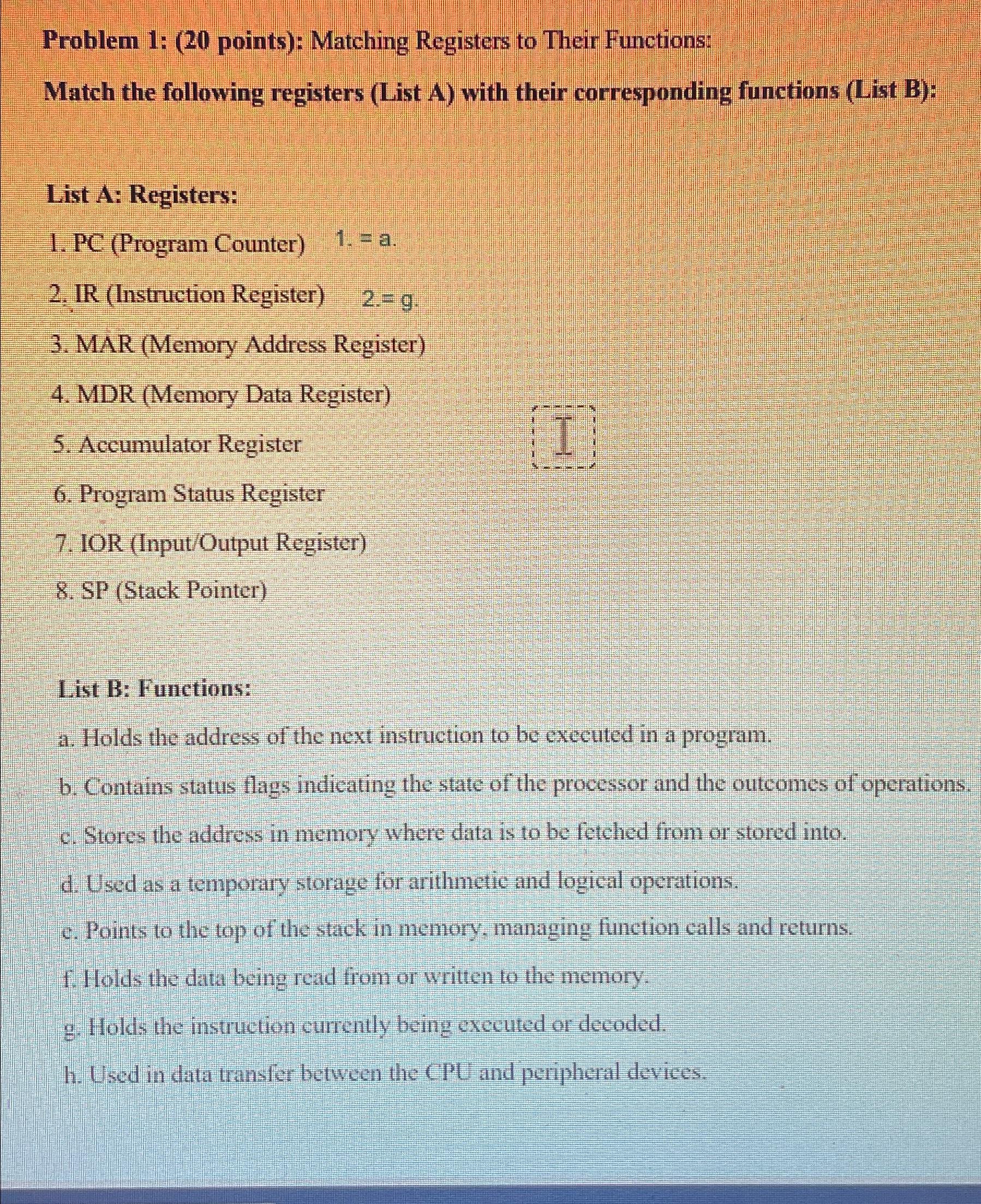 Solved Problem 1: (20 ﻿points): Matching Registers to Their | Chegg.com