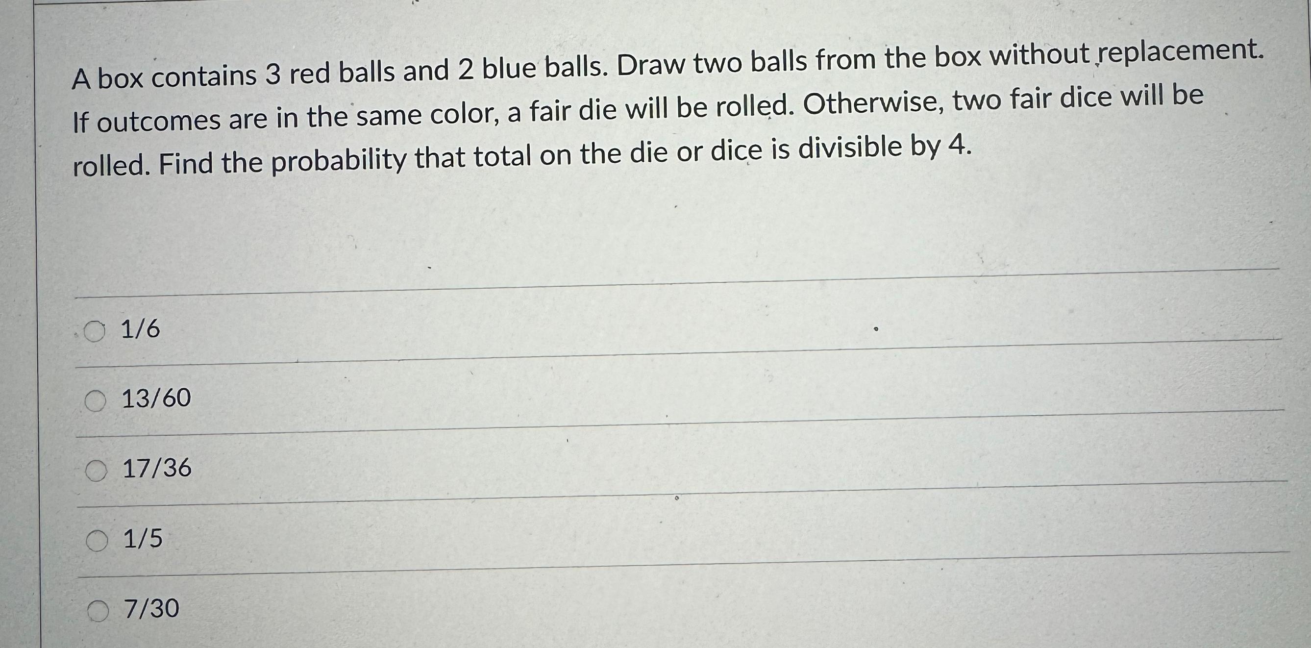 Solved A box contains 3 ﻿red balls and 2 ﻿blue balls. Draw | Chegg.com