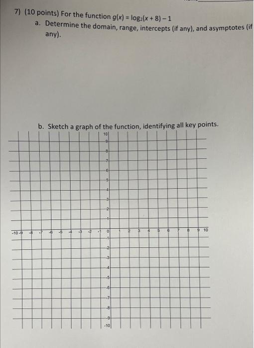 Solved 7) (10 points) For the function g(x)=log2(x+8)−1 a. | Chegg.com