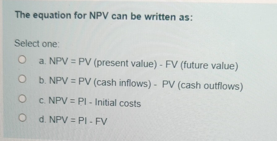 Solved The equation for NPV can be written as:Select one:a. | Chegg.com