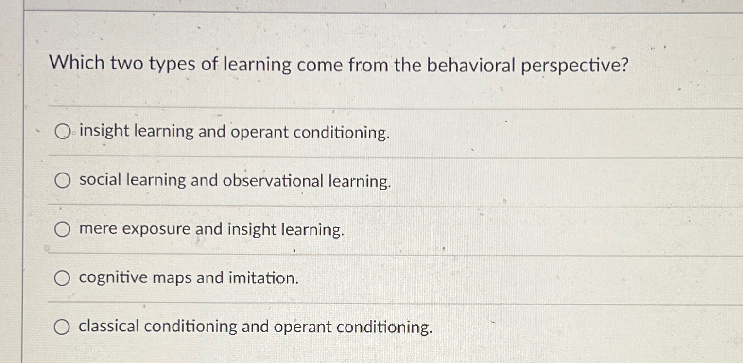 Solved Which two types of learning come from the behavioral | Chegg.com