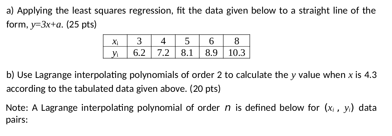 Solved a) ﻿Applying the least squares regression, fit the | Chegg.com