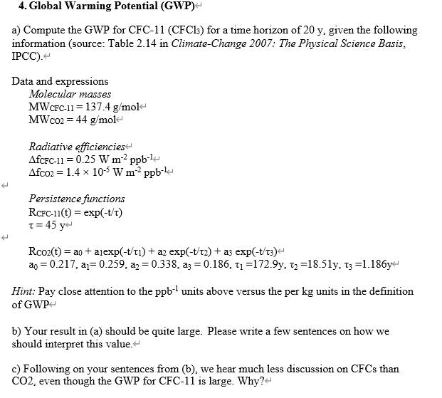 Solved 4. ﻿Global Warming Potential (GWP) ﻿Global Warming | Chegg.com