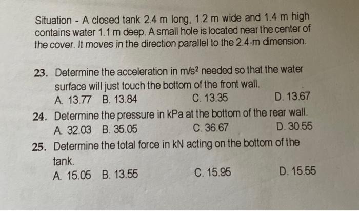 Solved Situation - A closed tank 2.4 m long, 1.2 m wide and | Chegg.com