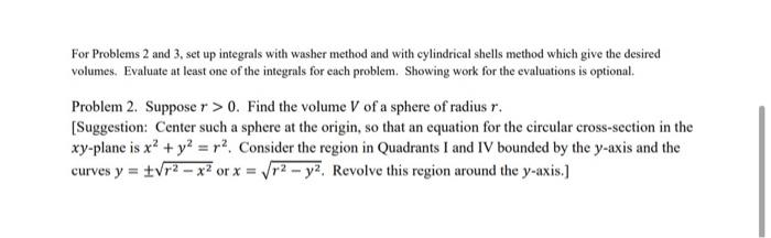 Solved For Problems 2 and 3, set up integrals with washer | Chegg.com