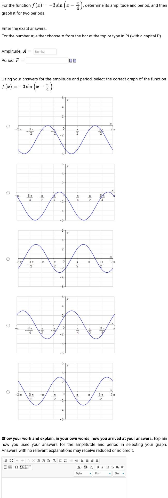Solved For the function f(x)=−3sin(x−4π), determine its | Chegg.com