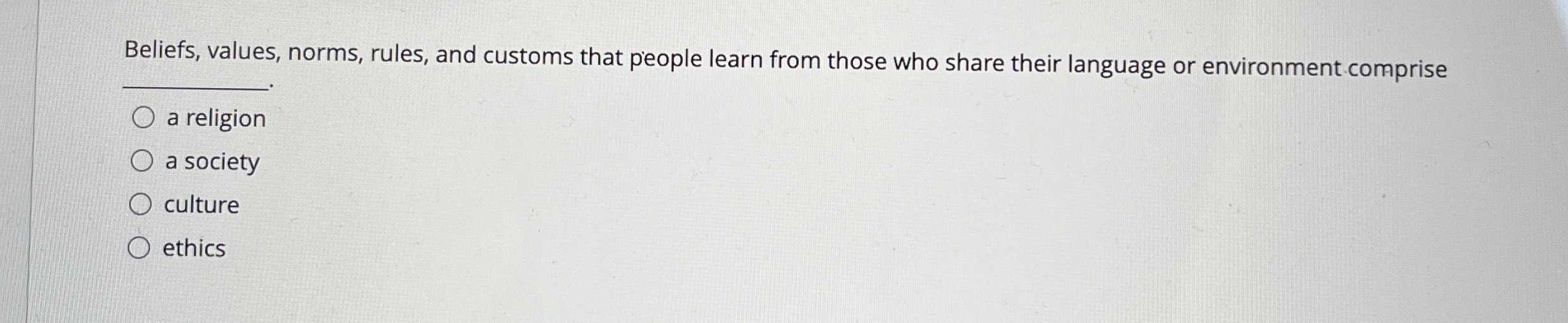 Solved Beliefs, values, norms, rules, and customs that | Chegg.com