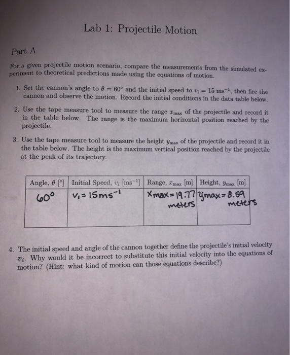 Solved Lab 1: Projectile Motion Part A For a given | Chegg.com