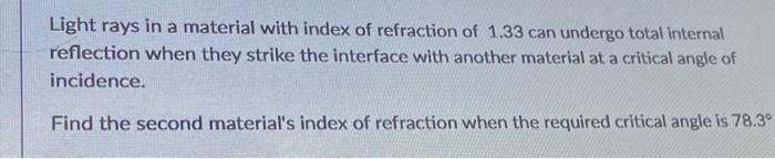Solved Light rays in a material with index of refraction of | Chegg.com