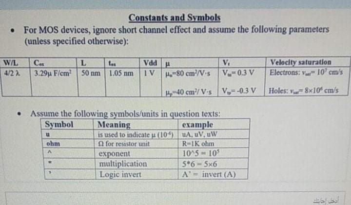 Solved Constants and Symbols For MOS devices, ignore short | Chegg.com