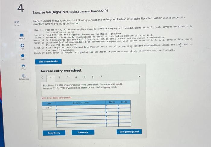 Solved Exercise 4-4 (Algo) Purchasing transactions LO P1 | Chegg.com