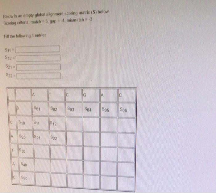 Solved Below is an empty global alignment scoring matrix (S) | Chegg.com