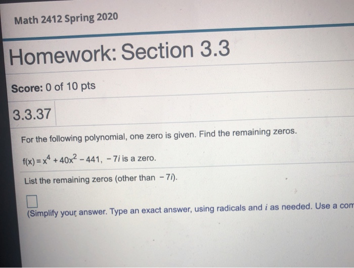 Solved Math 2412 Spring 2020 Homework: Section 3.3 Score: 0 | Chegg.com