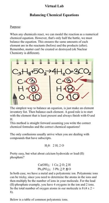 Solved Virtual Lab Balancing Chemical Equations Purpose: | Chegg.com