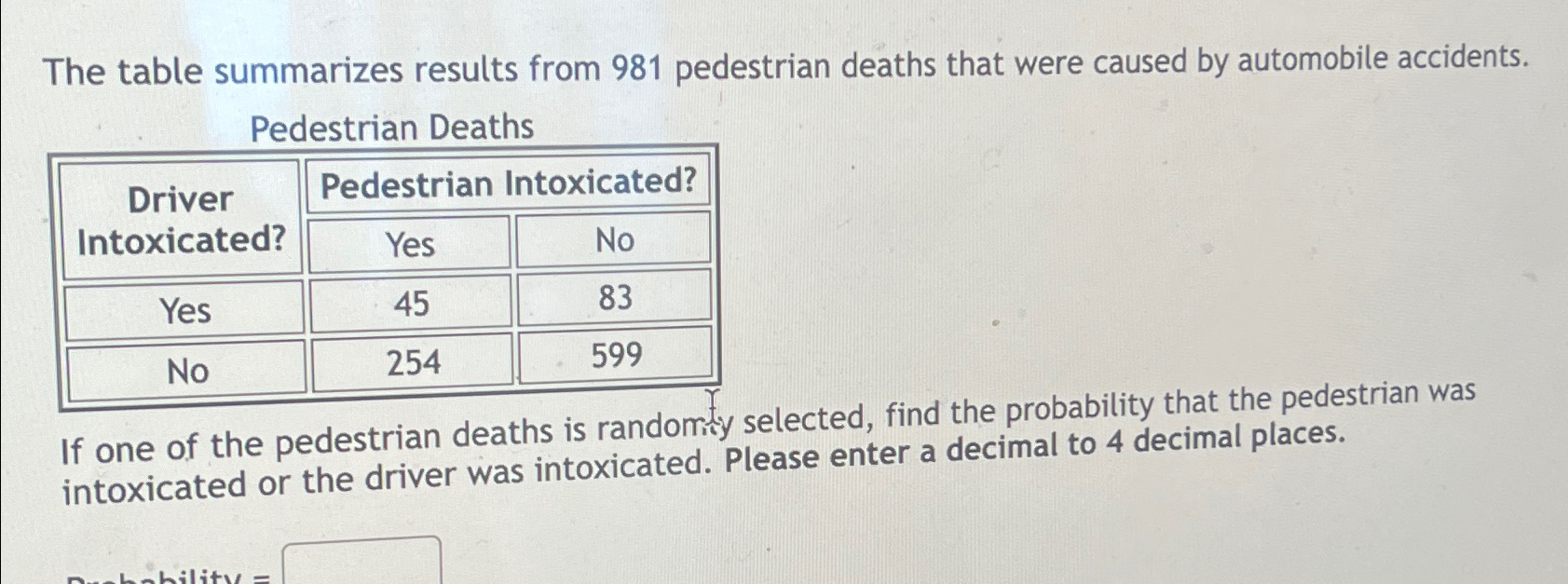 Solved The table summarizes results from 981 ﻿pedestrian | Chegg.com