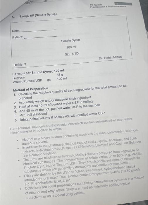 A. Syrup, NF (Simple Syrup) Date: Patient: Simple | Chegg.com