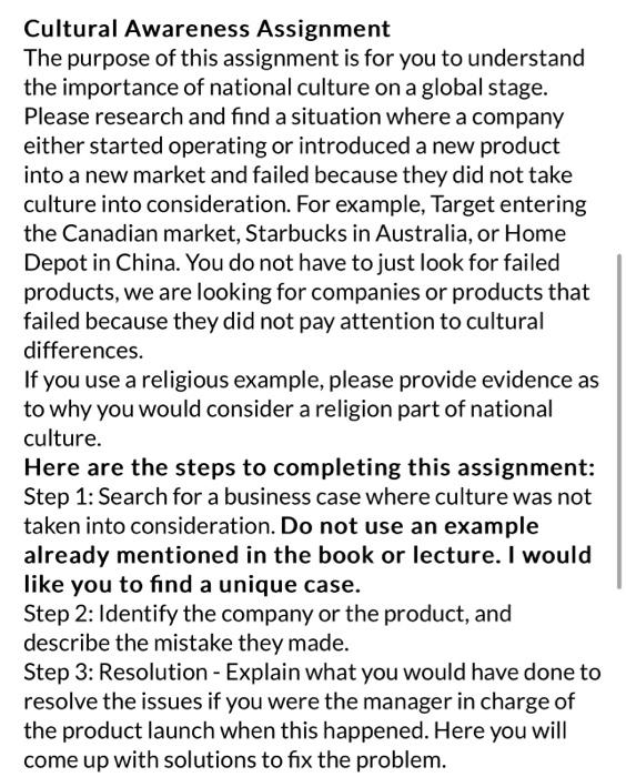 Solved Cultural Awareness Assignment The purpose of this | Chegg.com