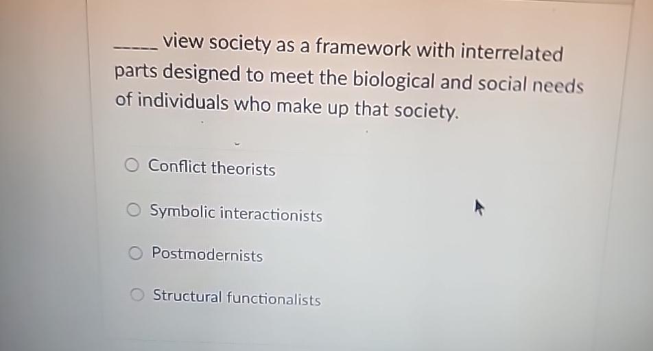 Solved view society as a framework with interrelated parts | Chegg.com