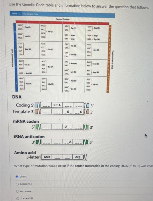 Use the Genetic Code table and information below to | Chegg.com