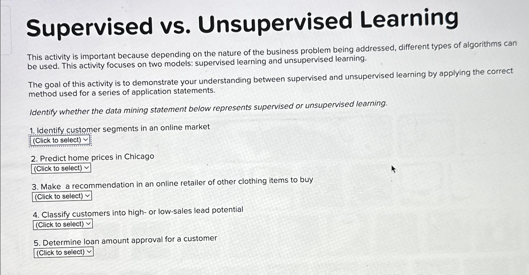 Solved Supervised vs. ﻿Unsupervised LearningThis activity is | Chegg.com