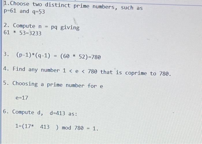 Solved 1. Choose two distinct prime numbers, such as p=61 | Chegg.com