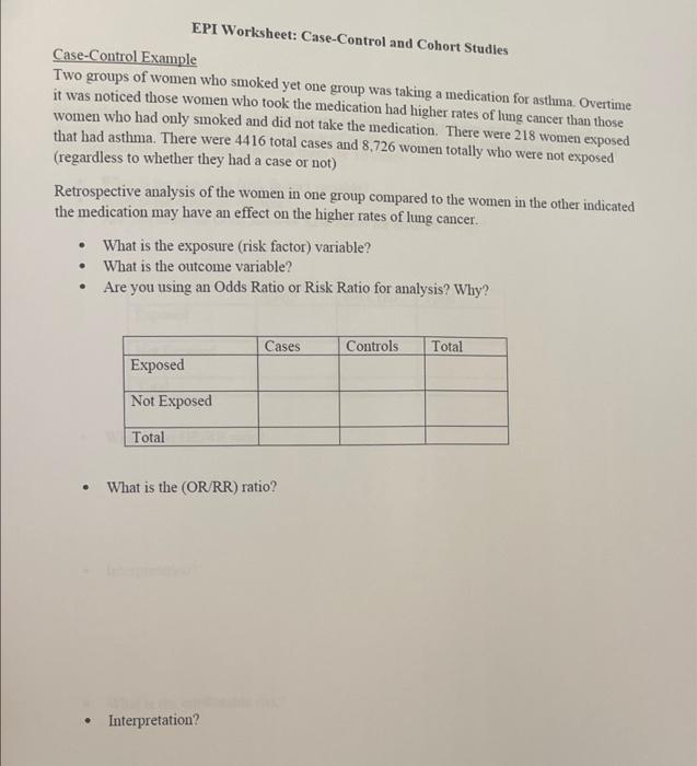 Solved EPI Worksheet: Case-Control and Cohort Studles | Chegg.com