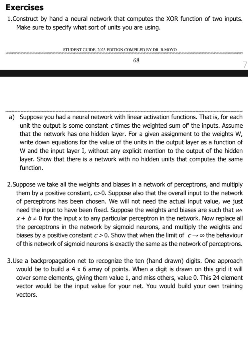 Solved Exercises 1.Construct by hand a neural network that | Chegg.com