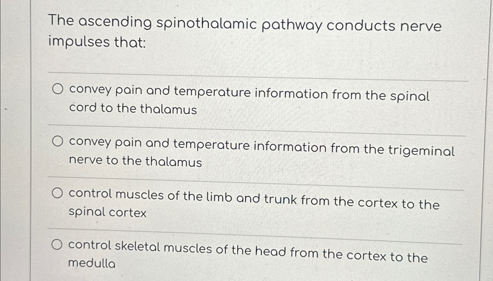 Solved The ascending spinothalamic pathway conducts nerve | Chegg.com