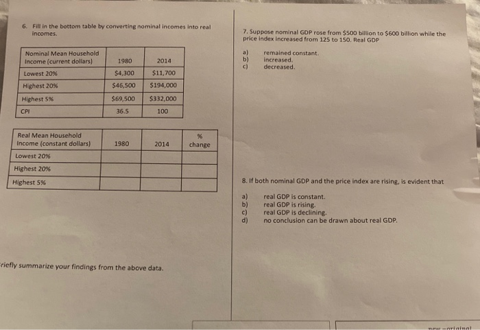 Solved 6. Fill in the bottom table by converting nominal | Chegg.com