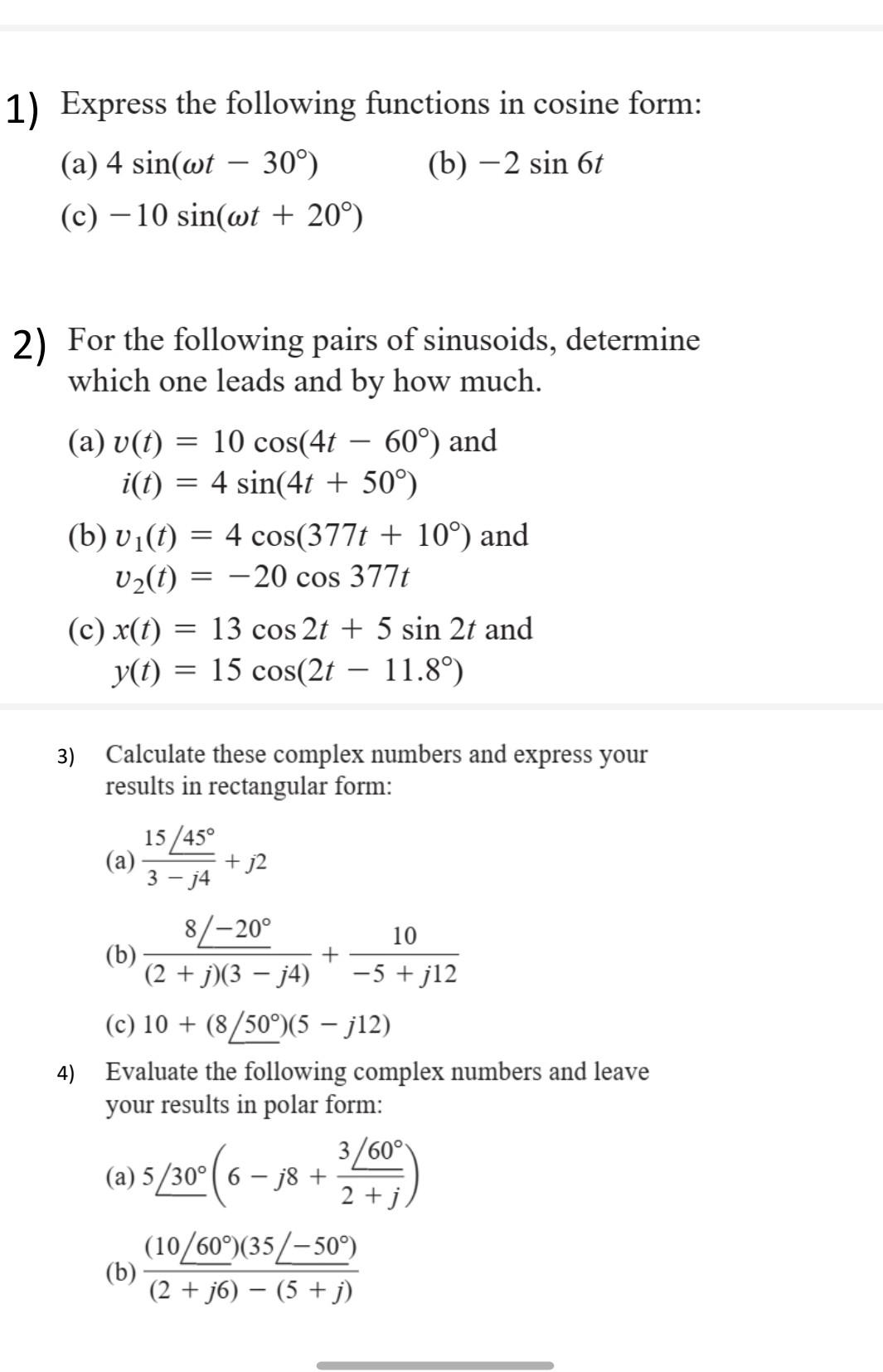 Solved 1) Express the following functions in cosine form: | Chegg.com