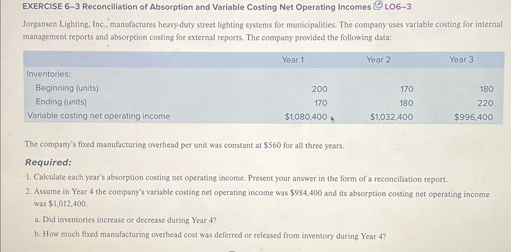 Solved EXERCISE 6-3 ﻿Reconciliation of Absorption and | Chegg.com