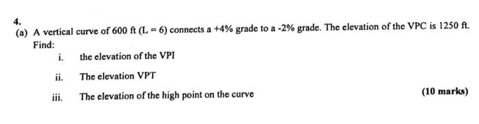 Solved 4. (a) A vertical curve of 600ft(L=6) connects a +4% | Chegg.com