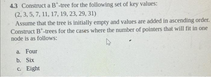 Solved 4.3 Construct a B+-tree for the following set of key | Chegg.com