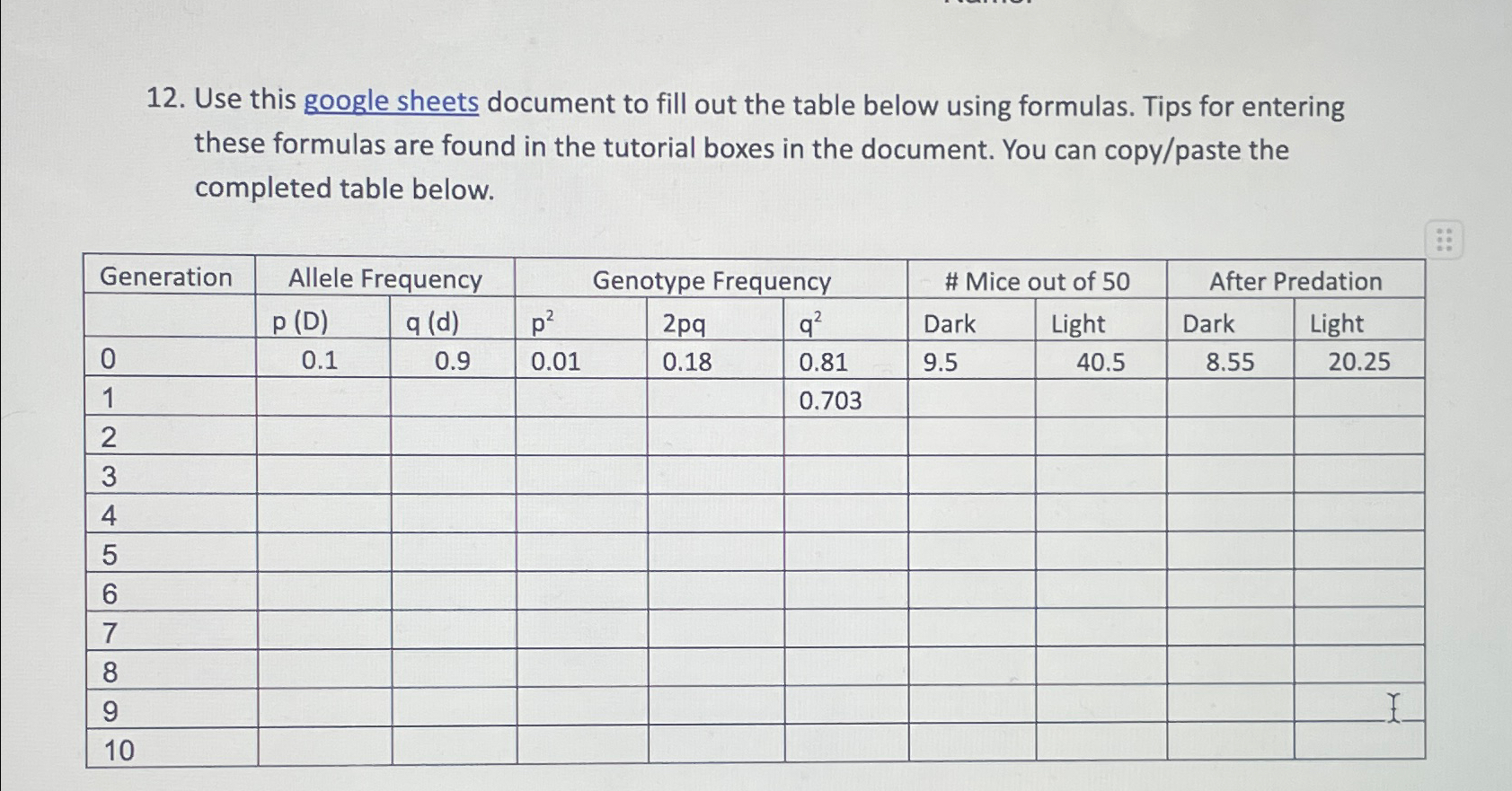 Solved Use this google sheets document to fill out the table | Chegg.com