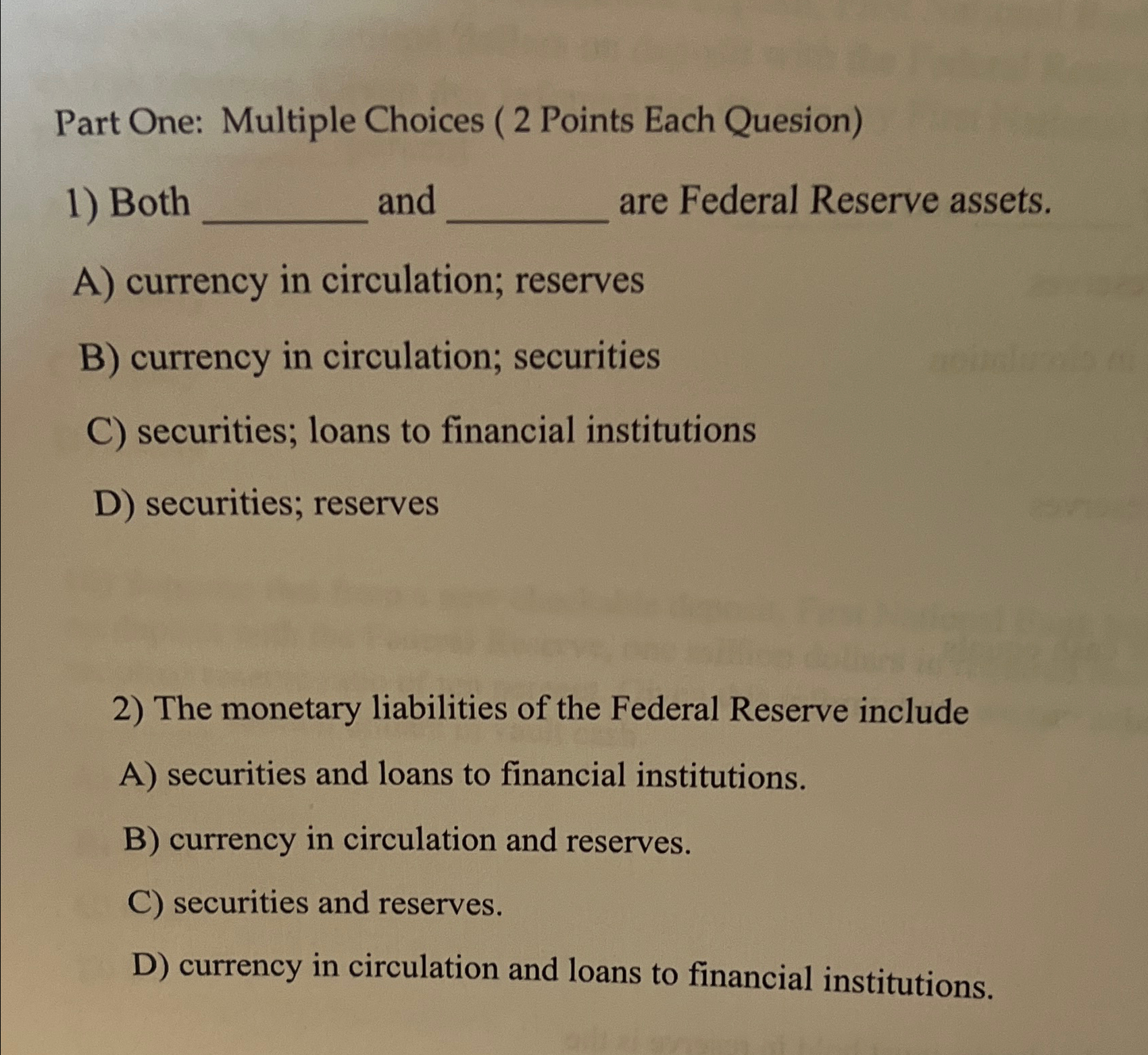 Solved Part One: Multiple Choices ( 2 ﻿Points Each | Chegg.com
