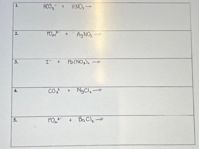 Solved 1. HCO3−+HNO3→ 2. POH3−+AgNO3→ 3. I−+Pb(NO3)2→ 4. | Chegg.com