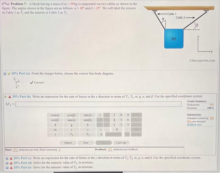 Solved (7\%) Problem 7: A block having a mass of m=19 kg is | Chegg.com